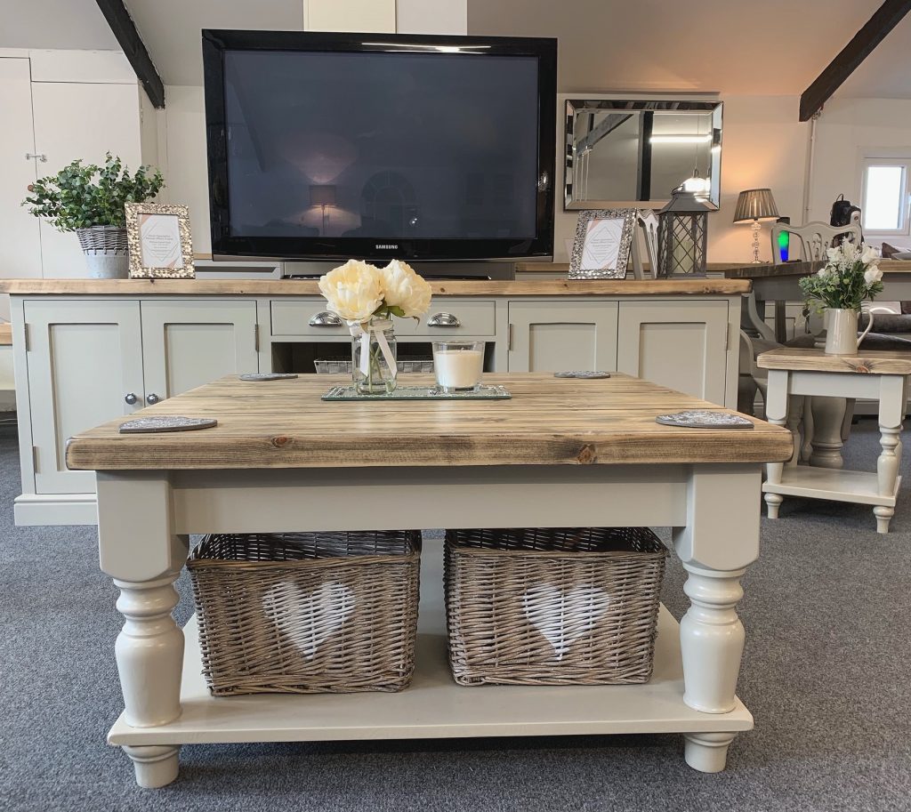 Square Farmhouse Coffee Table with Shelf - 90cm x 90cm - Farmhouse ...