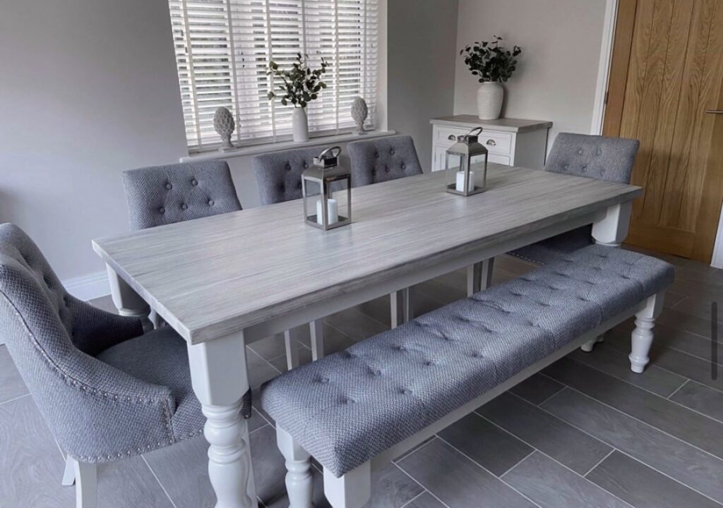 7ft Chunky Farmhouse Table with 5 Mixed Grey Winchesters Chairs & 1 ...