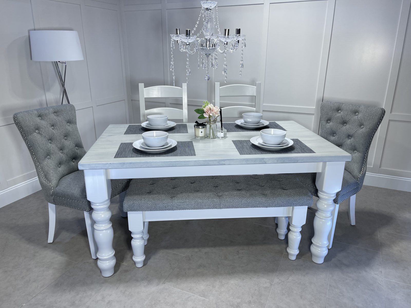 5ft Chunky Farmhouse Table with Ladder Back & Fabric Chair/Bench Combo ...