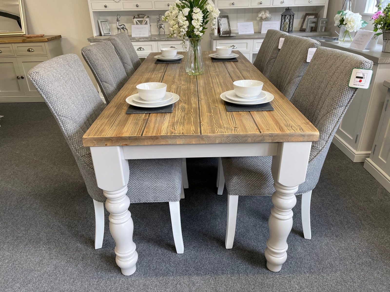 7ft Chunky Farmhouse Table with 6 Mixed Grey Belvoir Fabric Chairs ...