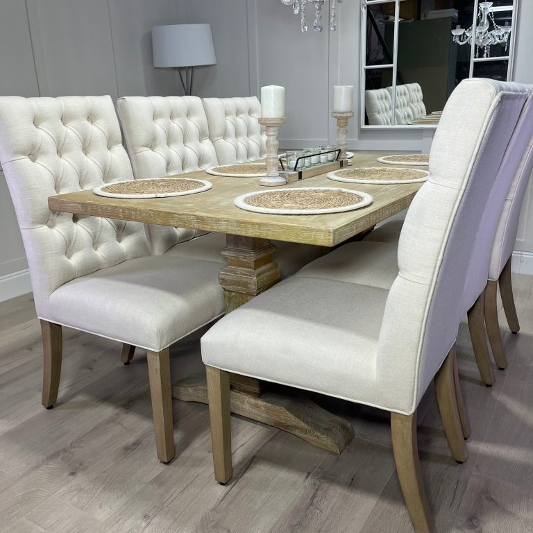 5ft Limed Driftwood Trestle Table with 6 Beige Chesterfield Fabric ...
