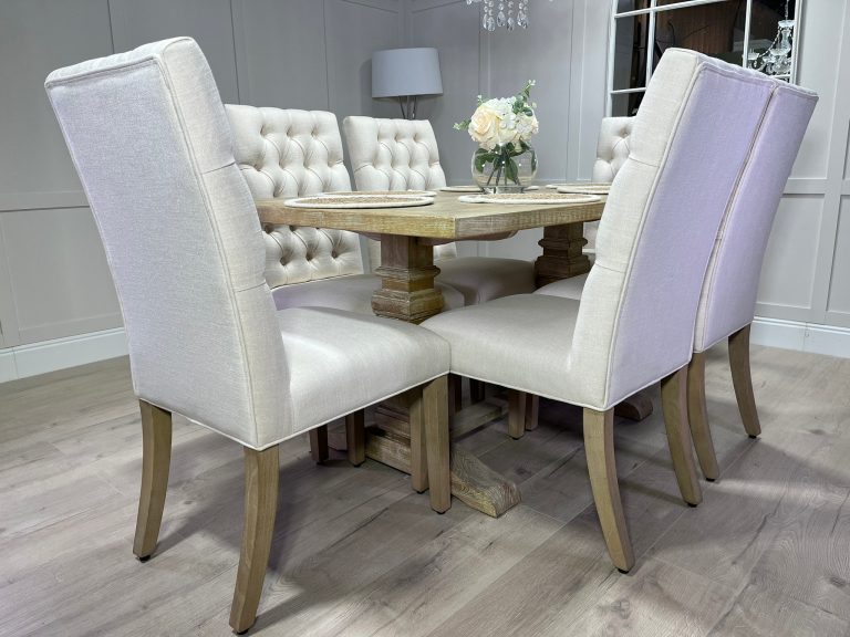 5ft Limed Driftwood Trestle Table with 6 Beige Chesterfield Fabric ...