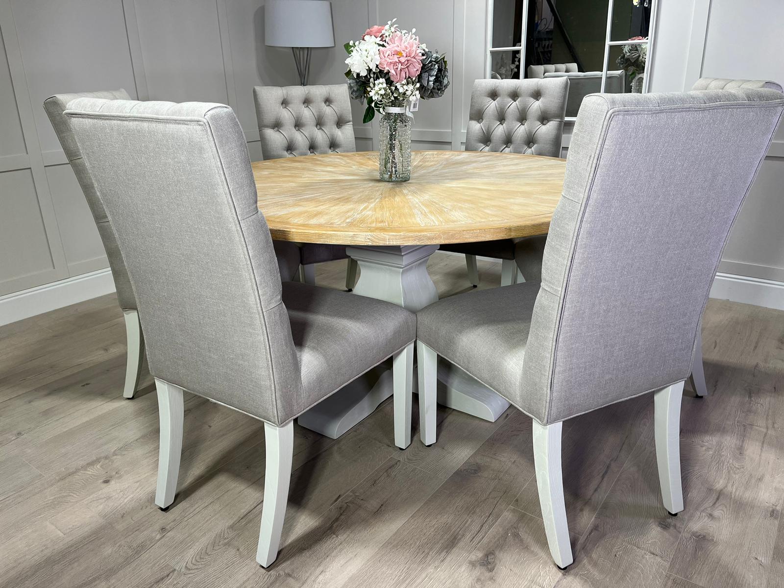 150cm Round Whitewash Oak Trestle Table with 6 Grey Chesterfield Fabric ...
