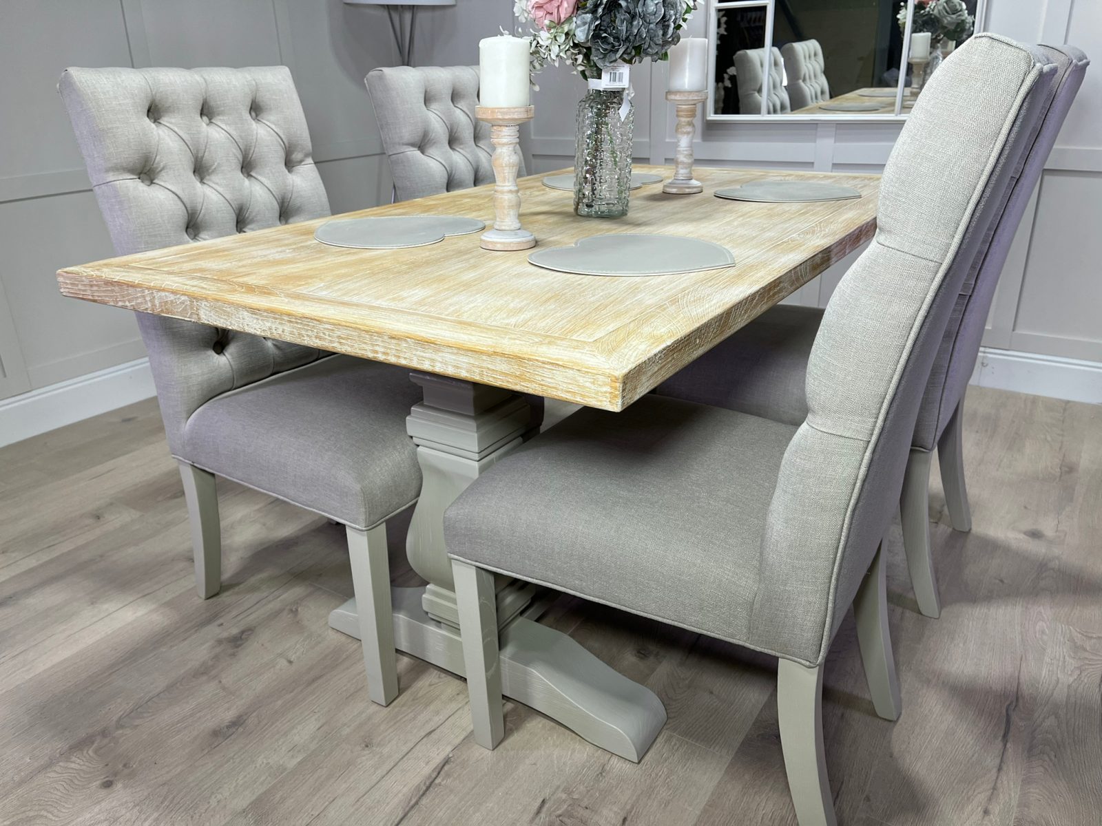 5ft Whitewash Oak Trestle Table with 6 Grey Chesterfield Fabric Chairs ...