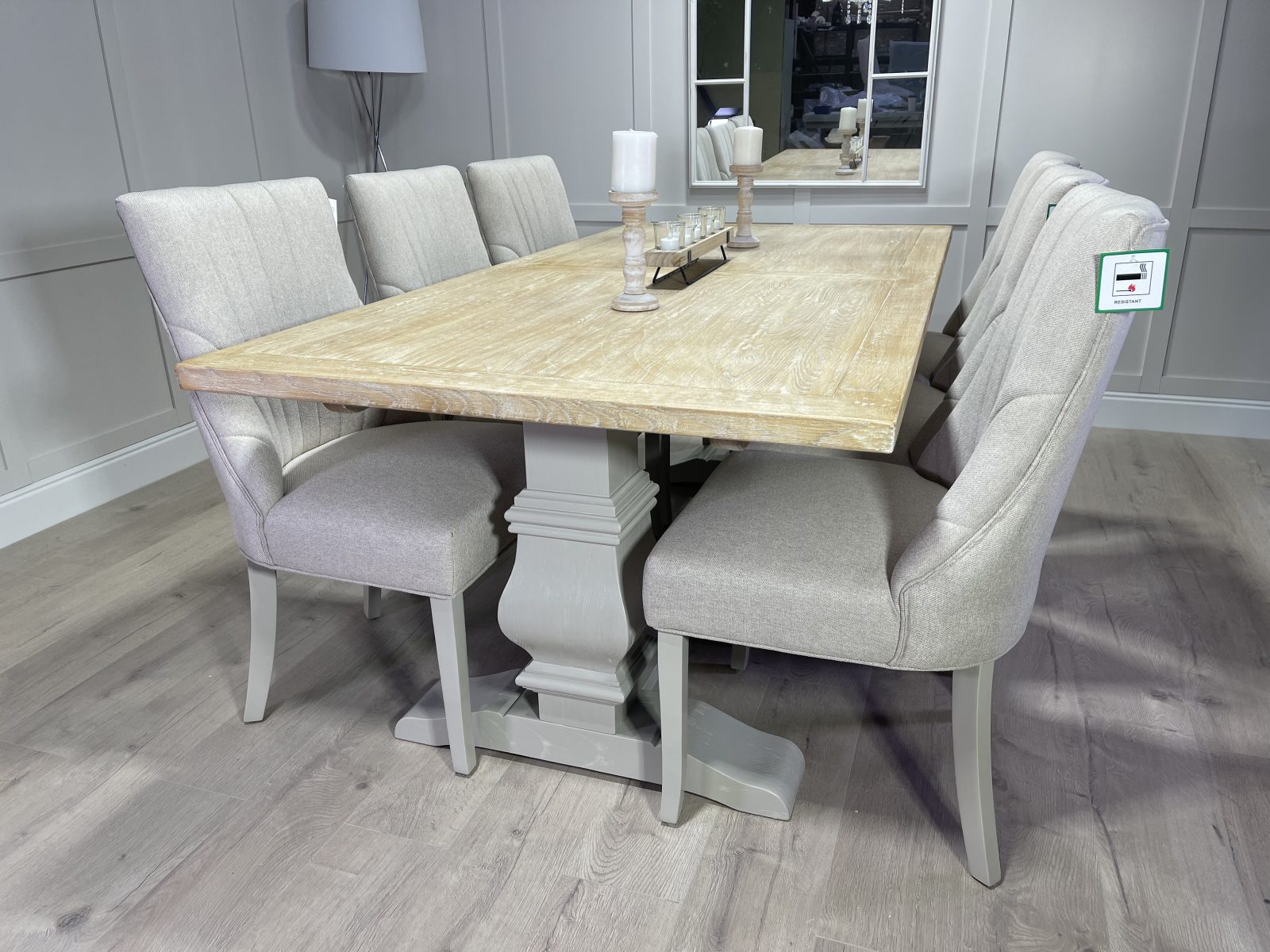 2m Whitewash Oak Trestle Table with 6 Beige Belvoir Fabric Chairs ...