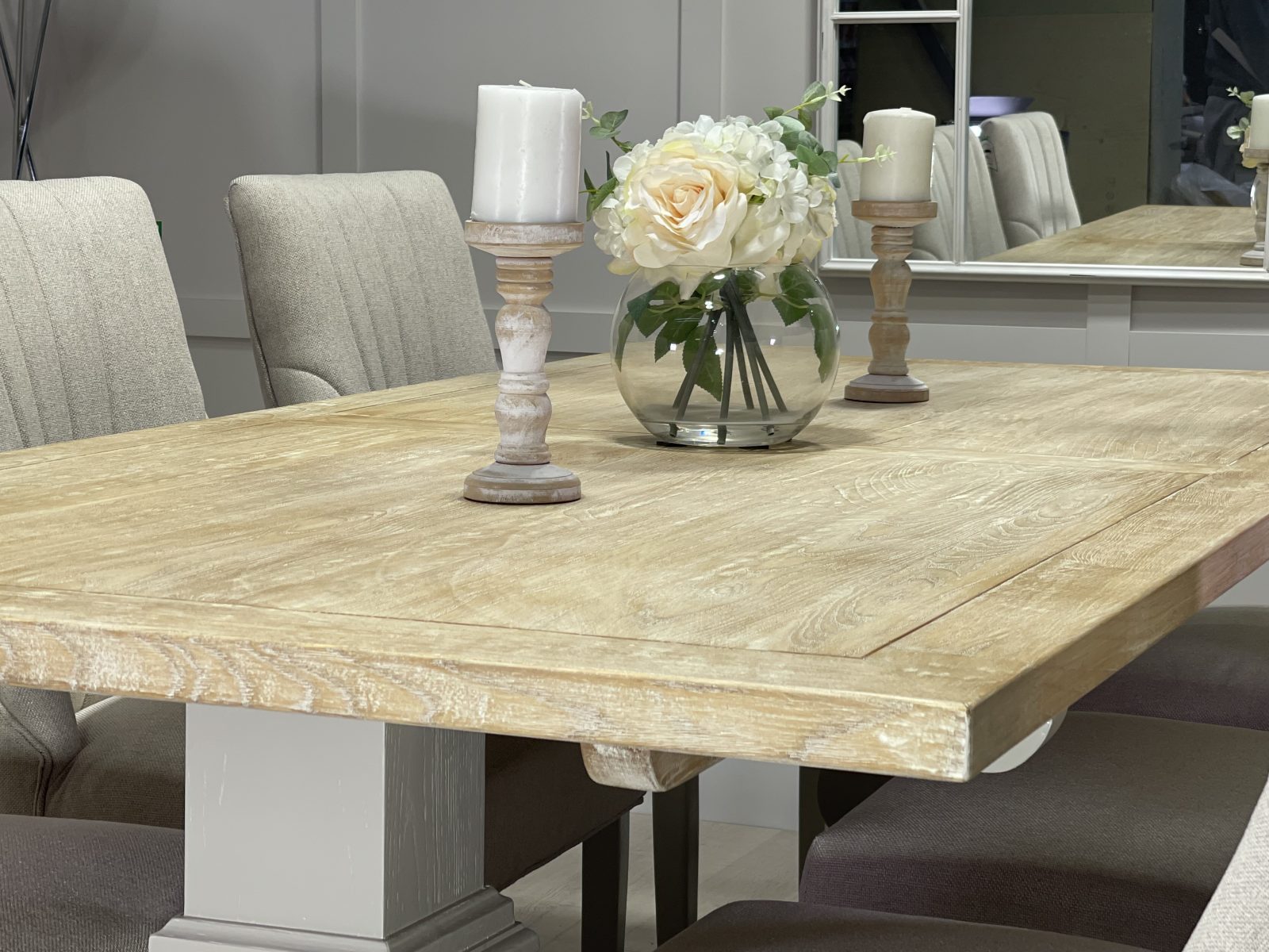 2m Whitewash Oak Trestle Table with 6 Beige Belvoir Fabric Chairs ...
