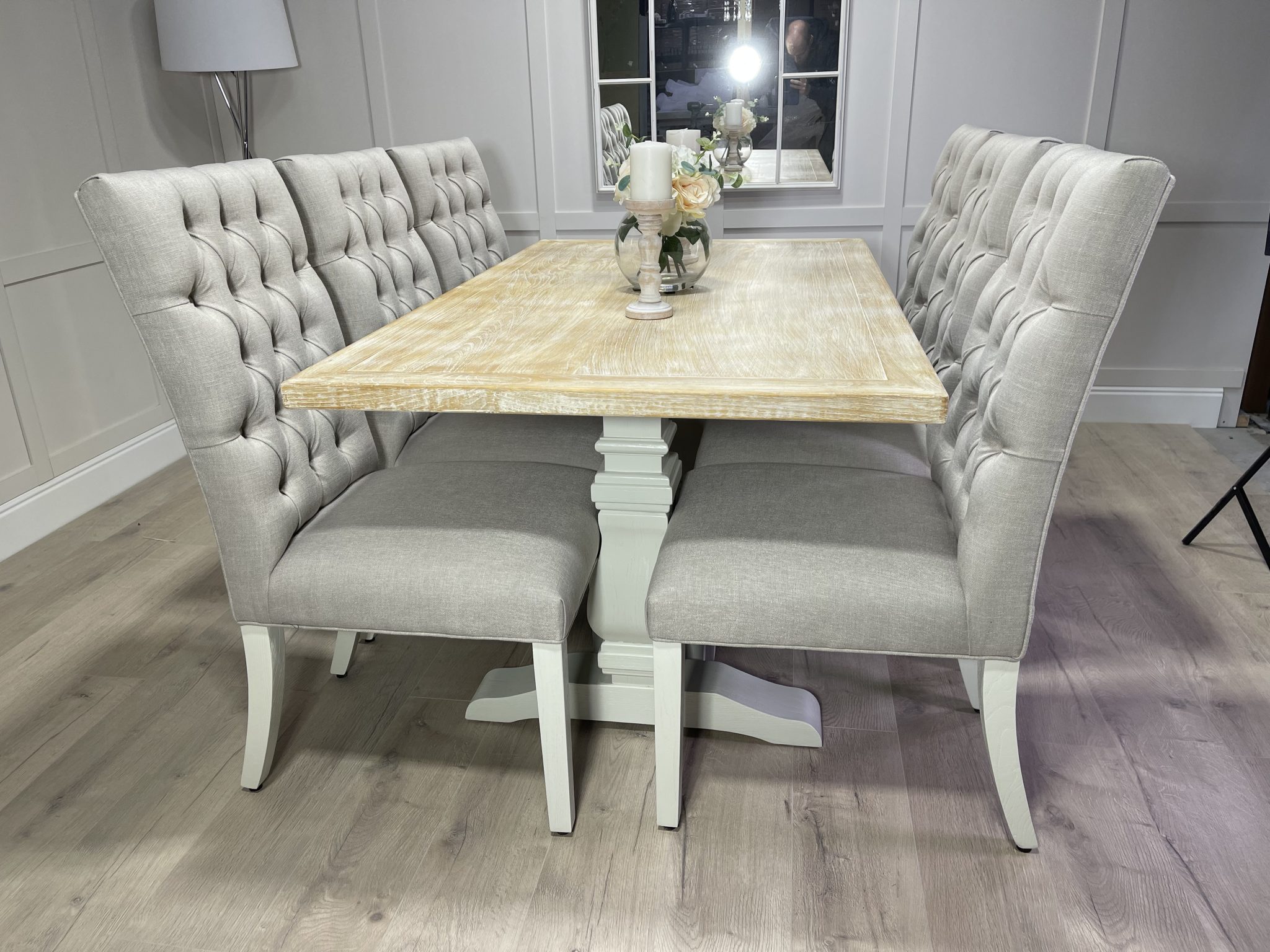 5ft Whitewash Oak Trestle Table with 6 Grey Chesterfield Fabric Chairs ...
