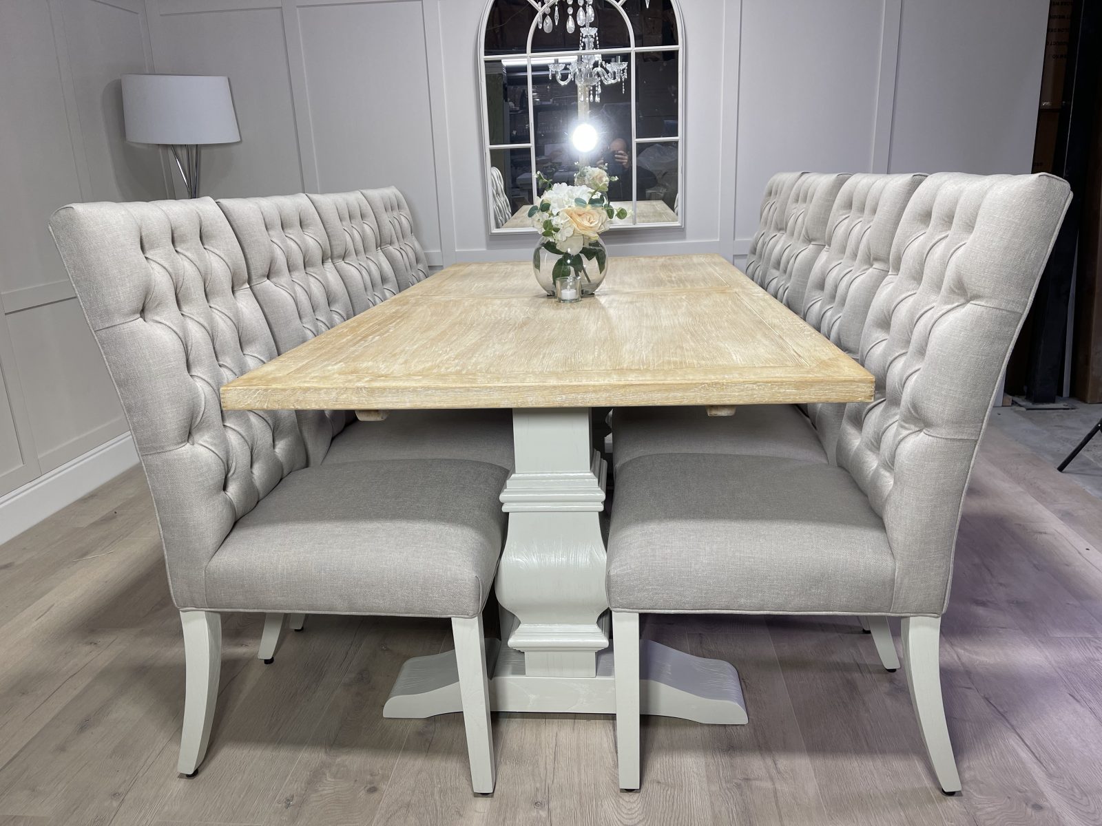 2m Whitewash Oak Trestle Table with 8 Grey Chesterfield Fabric Chairs ...