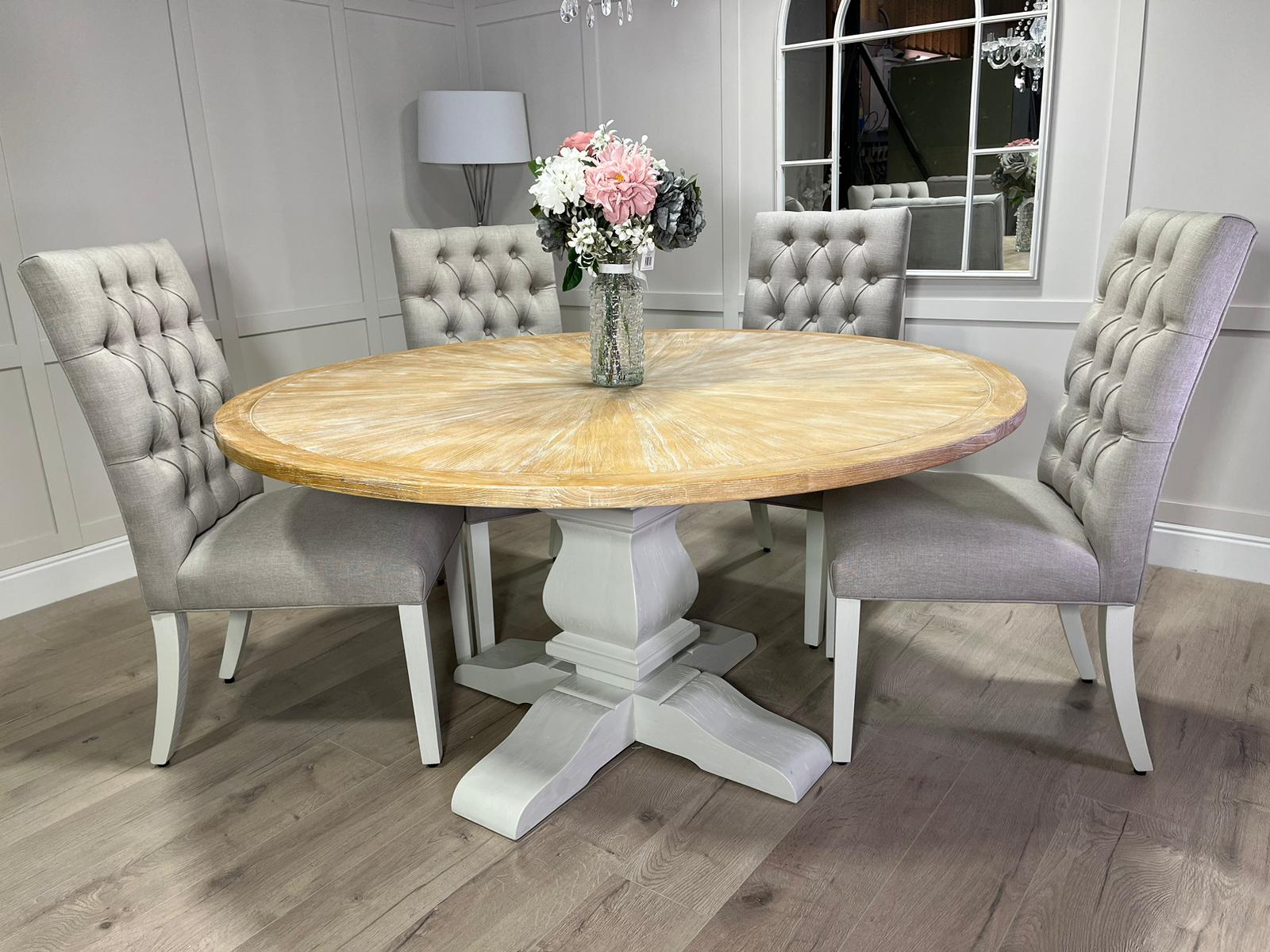 150cm Round Whitewash Oak Trestle Table with 6 Grey Chesterfield Fabric Chairs - Farmhouse White ...