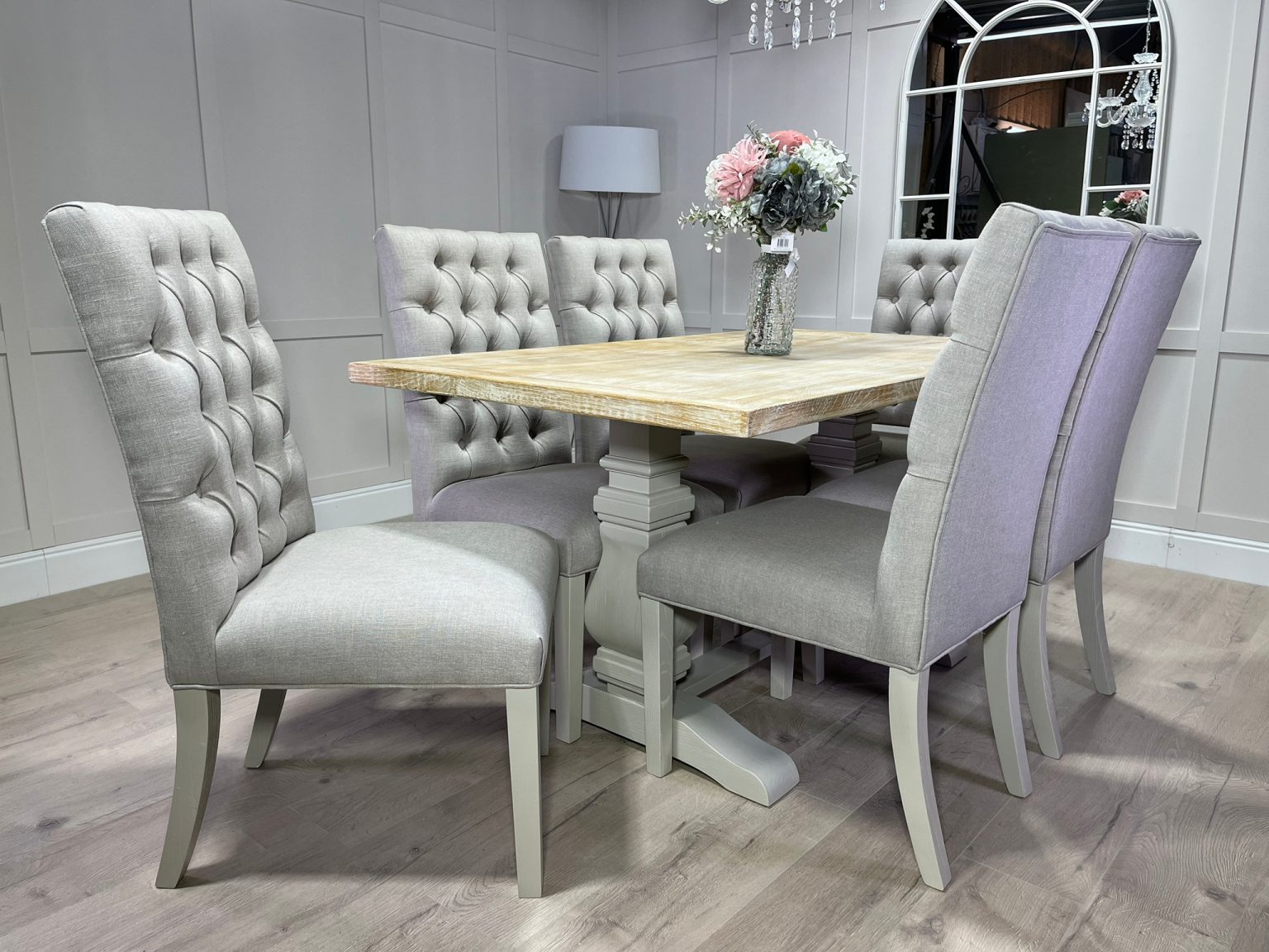 5ft Whitewash Oak Trestle Table with 6 Grey Chesterfield Fabric Chairs ...