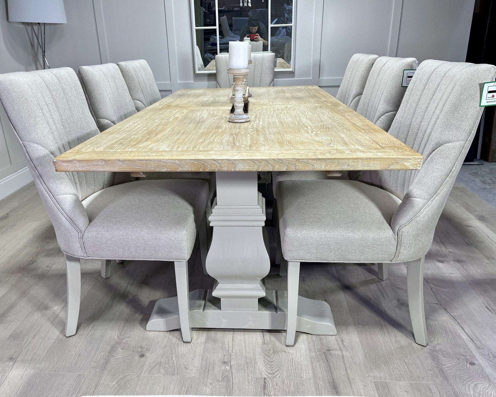 2m Whitewash Oak Trestle Table with 6 Beige Belvoir Fabric Chairs ...