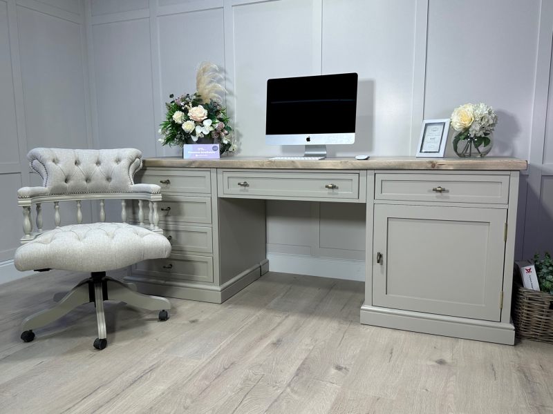 Large 2.1m Shaker Oak Desk with Beige Captains Office Chair - Farmhouse ...