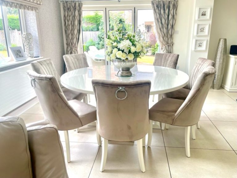 Large 1.8m Round Painted Bespoke Trestle Table with Perspex Top and 8 ...