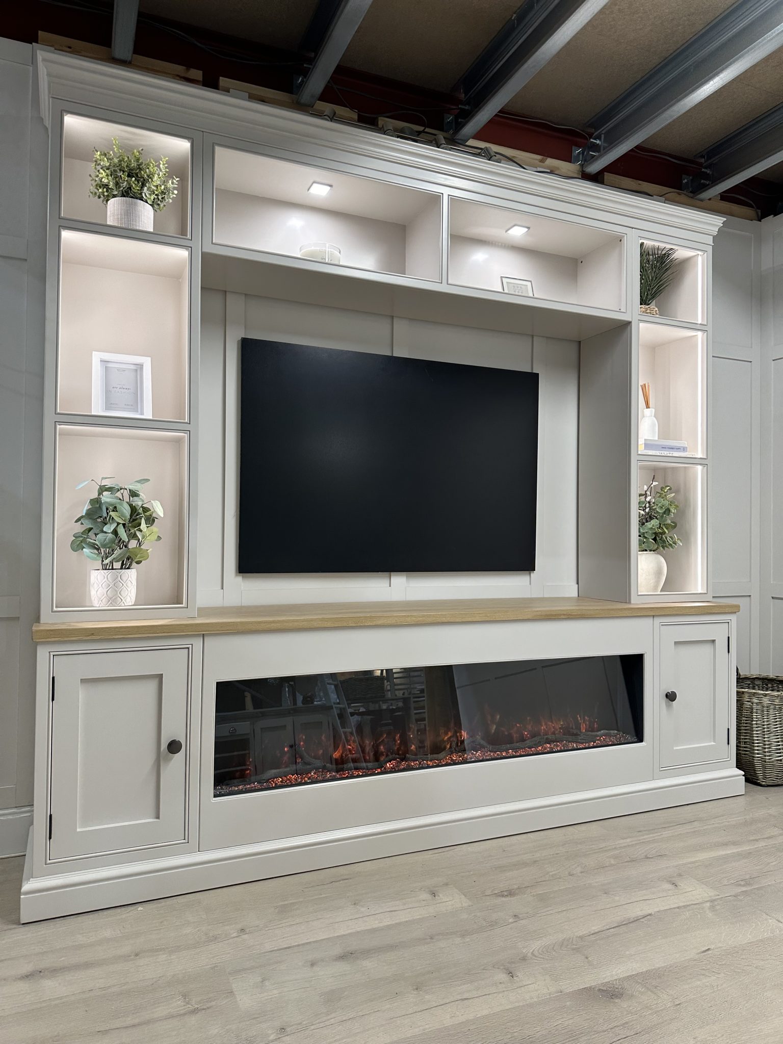 2.4m Shaker Beaded Bespoke Media Wall with LED Fireplace - Farmhouse ...